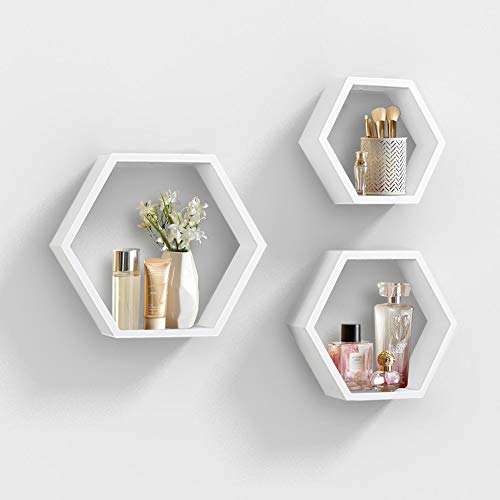 AHDECOR Wall Mounted Hexagon Floating Shelves, Wooden Wall Organizer Hanging Shelf for Home Decor, Set of 3, White