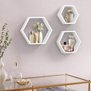 AHDECOR Wall Mounted Hexagon Floating Shelves, Wooden Wall Organizer Hanging Shelf for Home Decor, Set of 3, White