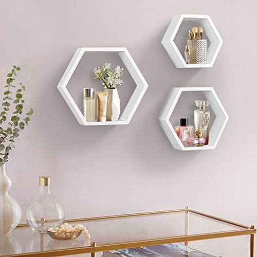 AHDECOR Wall Mounted Hexagon Floating Shelves, Wooden Wall Organizer Hanging Shelf for Home Decor, Set of 3, White