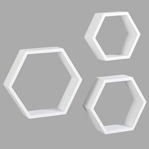 AHDECOR Wall Mounted Hexagon Floating Shelves, Wooden Wall Organizer Hanging Shelf for Home Decor, Set of 3, White