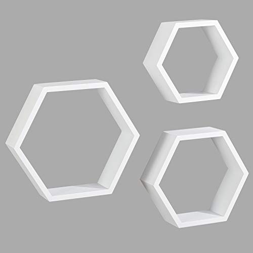 AHDECOR Wall Mounted Hexagon Floating Shelves, Wooden Wall Organizer Hanging Shelf for Home Decor, Set of 3, White