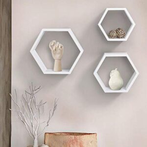 AHDECOR Wall Mounted Hexagon Floating Shelves, Wooden Wall Organizer Hanging Shelf for Home Decor, Set of 3, White