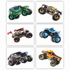 monster truck posters for boys room, set of 6 wall art (unframed 8″x10″) trucks poster boys, car posters for boys room, kids room wall art, car poster