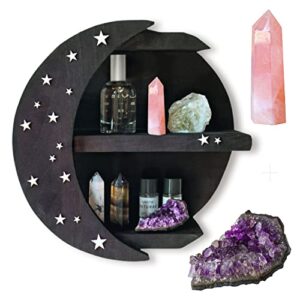 homenook crescent moon shelf set with amethyst and rose quartz crystals & stars – black moon shelf wall decor or tabletop – display for crystals and accessories – made with paulownia wood