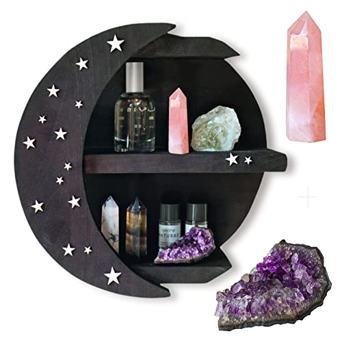 HOMENOOK Crescent Moon Shelf Set with Amethyst and Rose Quartz Crystals & Stars - Black Moon Shelf Wall Decor or Tabletop - Display for Crystals and Accessories - Made with Paulownia Wood