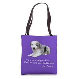 funny aussie graphic – blue merle australian shepherd gift tote bag