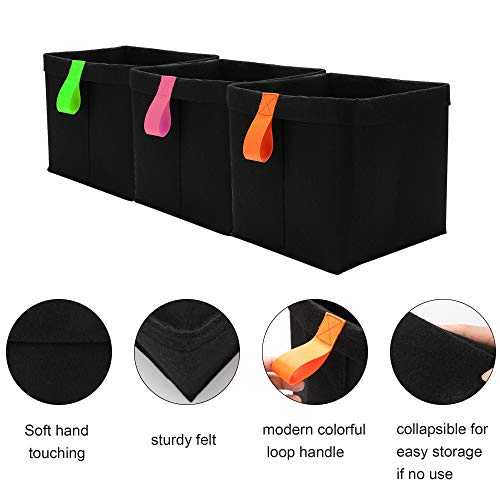 WELAXY storage baskets Felt Foldable Storage Cube bin Shelf Bins with loops handle for Junk keys small things accessories storage and organize 3 pack (Black)