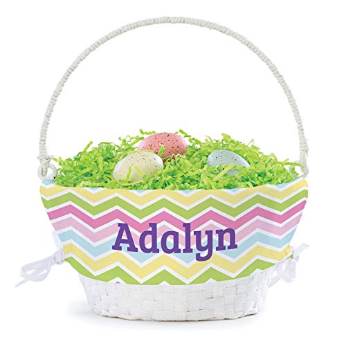 Personalized Easter Egg Basket For Her with Handle and Custom Name | Chevron Easter Basket Liners | White Basket | Woven Easter Baskets for Kids | Customized Easter Basket | Gift for Easter