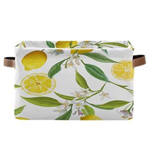 alaza decorative basket rectangular storage bin, lemon floral organizer basket with leather handles for home office