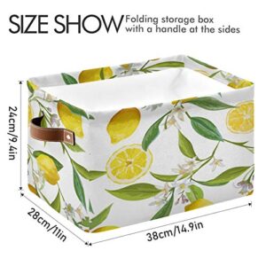 ALAZA Decorative Basket Rectangular Storage Bin, Lemon Floral Organizer Basket with Leather Handles for Home Office