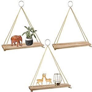 pozean hanging shelves 3 pack wooden floating wall shelves, hanging plant shelf, boho wall decor shelves for bedroom, plants, living room, office (included 6 ropes 3 rings 3 hooks and anchors)