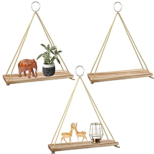 POZEAN Hanging Shelves 3 Pack Wooden Floating Wall Shelves, Hanging Plant Shelf, Boho Wall Decor Shelves for Bedroom, Plants, Living Room, Office (Included 6 Ropes 3 Rings 3 Hooks and Anchors)