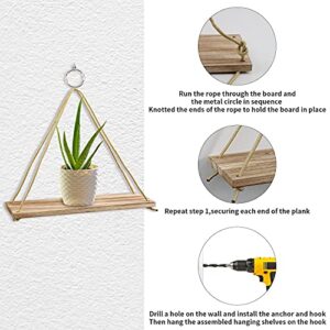 POZEAN Hanging Shelves 3 Pack Wooden Floating Wall Shelves, Hanging Plant Shelf, Boho Wall Decor Shelves for Bedroom, Plants, Living Room, Office (Included 6 Ropes 3 Rings 3 Hooks and Anchors)