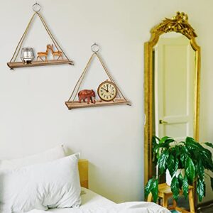 POZEAN Hanging Shelves 3 Pack Wooden Floating Wall Shelves, Hanging Plant Shelf, Boho Wall Decor Shelves for Bedroom, Plants, Living Room, Office (Included 6 Ropes 3 Rings 3 Hooks and Anchors)