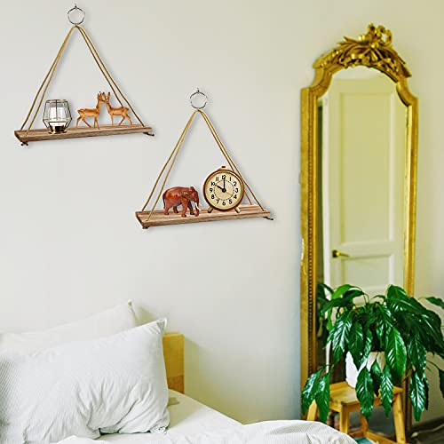 POZEAN Hanging Shelves 3 Pack Wooden Floating Wall Shelves, Hanging Plant Shelf, Boho Wall Decor Shelves for Bedroom, Plants, Living Room, Office (Included 6 Ropes 3 Rings 3 Hooks and Anchors)