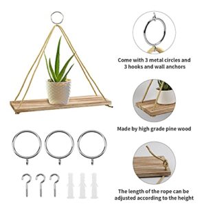 POZEAN Hanging Shelves 3 Pack Wooden Floating Wall Shelves, Hanging Plant Shelf, Boho Wall Decor Shelves for Bedroom, Plants, Living Room, Office (Included 6 Ropes 3 Rings 3 Hooks and Anchors)