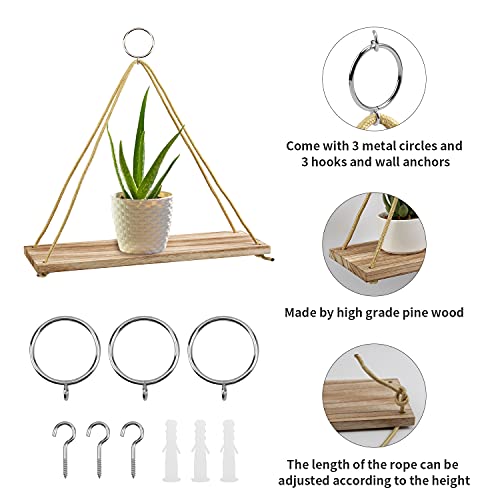 POZEAN Hanging Shelves 3 Pack Wooden Floating Wall Shelves, Hanging Plant Shelf, Boho Wall Decor Shelves for Bedroom, Plants, Living Room, Office (Included 6 Ropes 3 Rings 3 Hooks and Anchors)