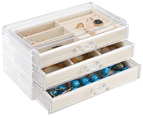 Acrylic Jewelry Organizer Box by Tranquil Abode | Clear Jewelry Box Organizer | 3 Tall Drawers, Velvet Trays | Stackable Display Case Jewelry Storage for Women | Jewelry Organizer Earring Ring Necklace