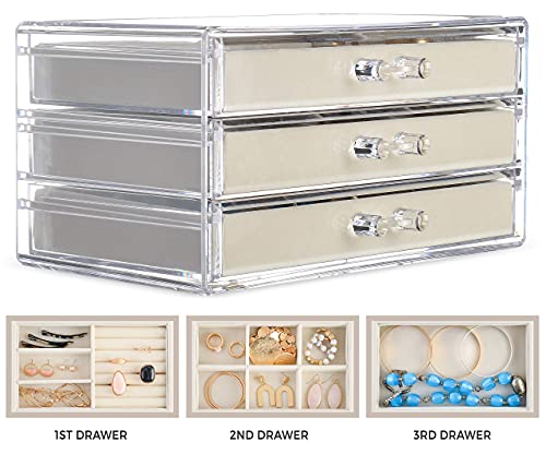 Acrylic Jewelry Organizer Box by Tranquil Abode | Clear Jewelry Box Organizer | 3 Tall Drawers, Velvet Trays | Stackable Display Case Jewelry Storage for Women | Jewelry Organizer Earring Ring Necklace