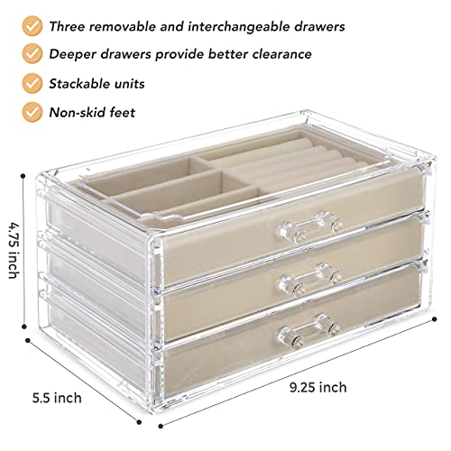 Acrylic Jewelry Organizer Box by Tranquil Abode | Clear Jewelry Box Organizer | 3 Tall Drawers, Velvet Trays | Stackable Display Case Jewelry Storage for Women | Jewelry Organizer Earring Ring Necklace