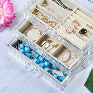 Acrylic Jewelry Organizer Box by Tranquil Abode | Clear Jewelry Box Organizer | 3 Tall Drawers, Velvet Trays | Stackable Display Case Jewelry Storage for Women | Jewelry Organizer Earring Ring Necklace