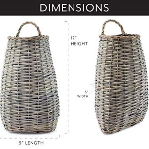 AuldHome Wall Hanging Pocket Basket; Woven Wicker Rustic Farmhouse Gray Washed Long Basket; 17 x 9 x 5 Inches