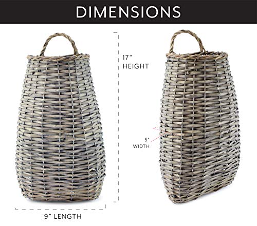 AuldHome Wall Hanging Pocket Basket; Woven Wicker Rustic Farmhouse Gray Washed Long Basket; 17 x 9 x 5 Inches