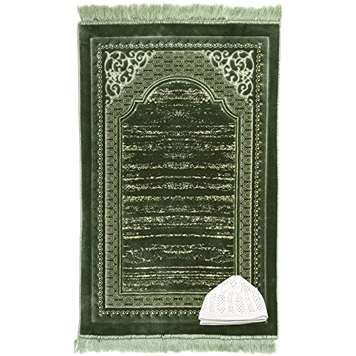 Modefa Turkish Islamic Prayer Rug - Comfortable Muslim Praying Mat for Men & Women - Soft Velvet Janamaz Praying Carpet - Ramadan or Eid Gift - with Kufi Prayer Cap - Lux Plush Regal (Light Green)