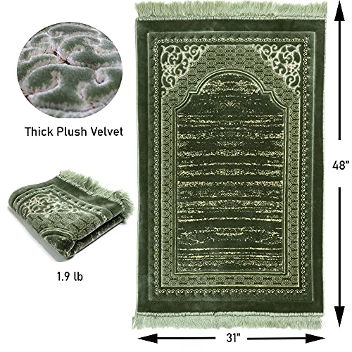 Modefa Turkish Islamic Prayer Rug - Comfortable Muslim Praying Mat for Men & Women - Soft Velvet Janamaz Praying Carpet - Ramadan or Eid Gift - with Kufi Prayer Cap - Lux Plush Regal (Light Green)