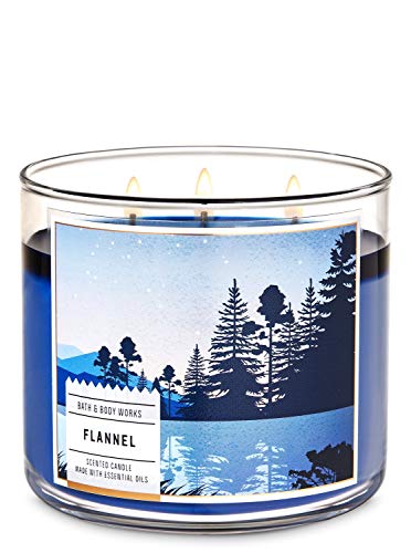 White Barn Bath & Body Works Flannel 3-Wick Candle 14 oz Blue Mountain & Trees Label