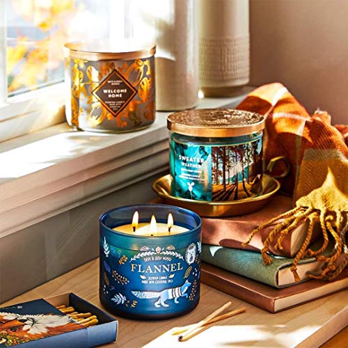 White Barn Bath & Body Works Flannel 3-Wick Candle 14 oz Blue Mountain & Trees Label