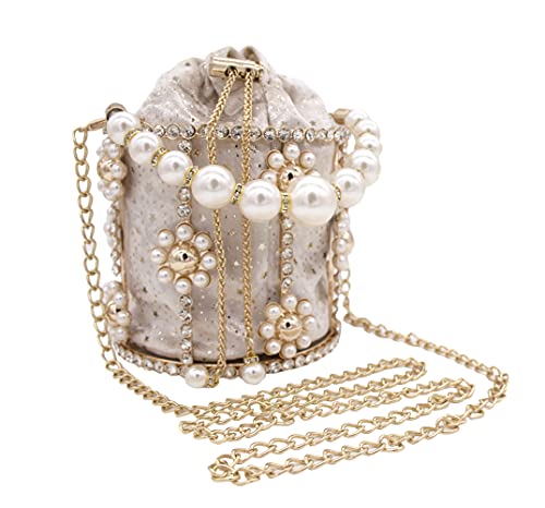 Women Pearl Rhinestones Flower Clutch Bag Crystal Beaded Evening Purses Clutches Formal Wedding Party Prom Handbags (Apricot)