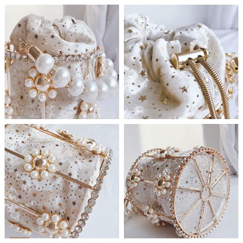 Women Pearl Rhinestones Flower Clutch Bag Crystal Beaded Evening Purses Clutches Formal Wedding Party Prom Handbags (Apricot)