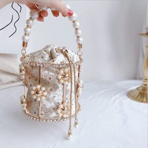 Women Pearl Rhinestones Flower Clutch Bag Crystal Beaded Evening Purses Clutches Formal Wedding Party Prom Handbags (Apricot)