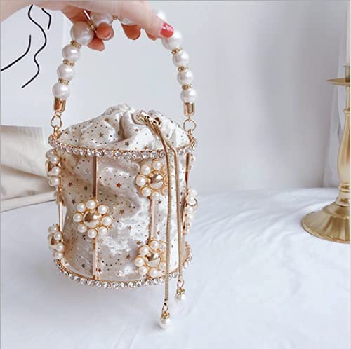 Women Pearl Rhinestones Flower Clutch Bag Crystal Beaded Evening Purses Clutches Formal Wedding Party Prom Handbags (Apricot)