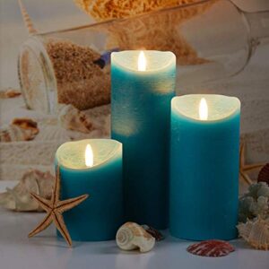 glowiu Teal Candle Pillar Realistic Wick Battery Operated Candles Set of 3 Single Slim Sphere Turquoise Candles Electric Home Decor with 10-Key Remote Multi-Function (3, H 4"6"8" x D3")