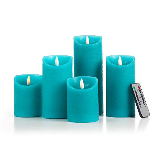 glowiu Teal Candle Pillar Realistic Wick Battery Operated Candles Set of 3 Single Slim Sphere Turquoise Candles Electric Home Decor with 10-Key Remote Multi-Function (3, H 4"6"8" x D3")