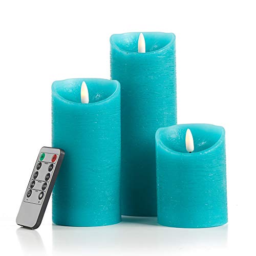 glowiu Teal Candle Pillar Realistic Wick Battery Operated Candles Set of 3 Single Slim Sphere Turquoise Candles Electric Home Decor with 10-Key Remote Multi-Function (3, H 4"6"8" x D3")