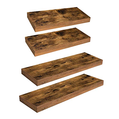 HOOBRO Floating Shelves, Wall Shelf Set of 4, 15.7 inch and 23.6 inch Hanging Shelves with Invisible Brackets Bundle, for Bathroom, Bedroom, Kitchen, Office, Living Room, Rustic Brown BF40BJ-60BJ01