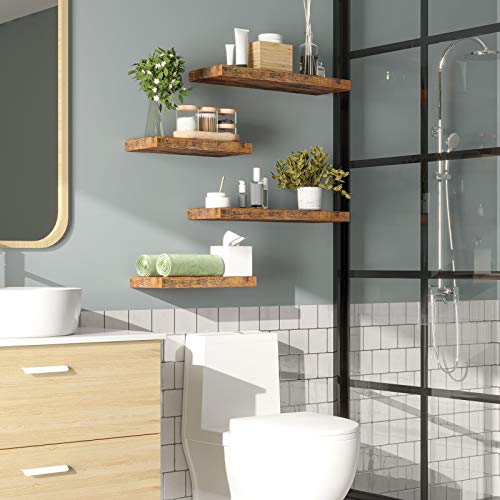 HOOBRO Floating Shelves, Wall Shelf Set of 4, 15.7 inch and 23.6 inch Hanging Shelves with Invisible Brackets Bundle, for Bathroom, Bedroom, Kitchen, Office, Living Room, Rustic Brown BF40BJ-60BJ01