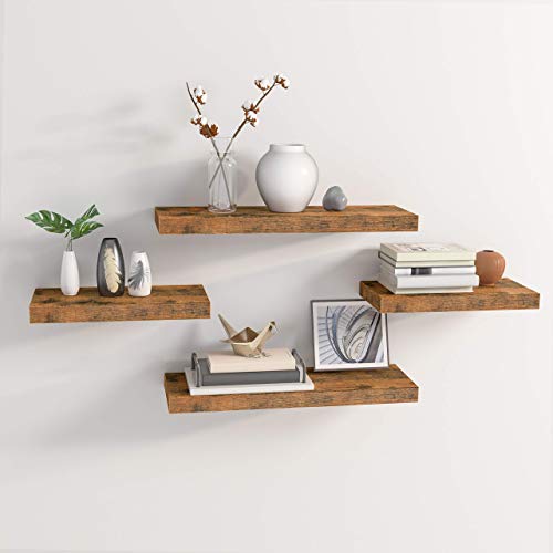 HOOBRO Floating Shelves, Wall Shelf Set of 4, 15.7 inch and 23.6 inch Hanging Shelves with Invisible Brackets Bundle, for Bathroom, Bedroom, Kitchen, Office, Living Room, Rustic Brown BF40BJ-60BJ01