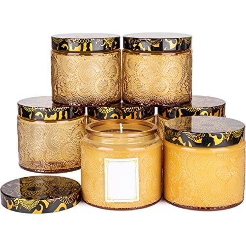 Amber Embossed Glass Candle Container with Lid and Labels, 10 oz - Pack of 9