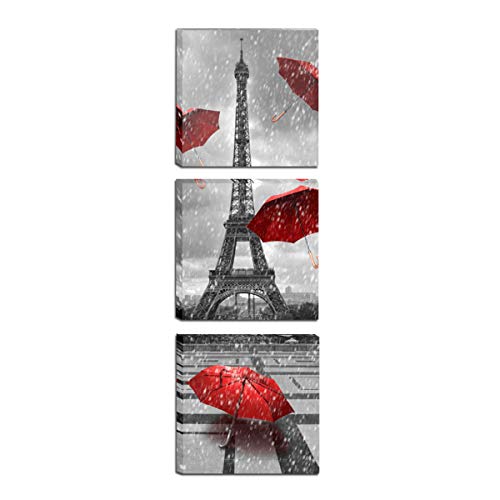 Meiji Paris Eiffel Tower Canvas Wall Art Decor Red Umbrellas Poster Prints Pictures Artwork for Living Room Ready to Hang (Red, 12X12inchx3 (30x30cmx3))