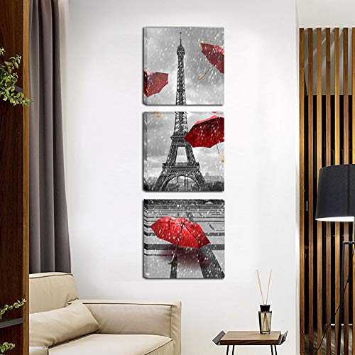 Meiji Paris Eiffel Tower Canvas Wall Art Decor Red Umbrellas Poster Prints Pictures Artwork for Living Room Ready to Hang (Red, 12X12inchx3 (30x30cmx3))