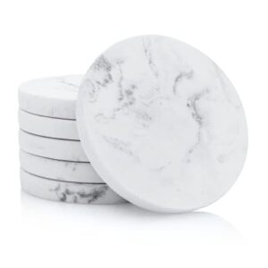 essentra home set of 6 white marble coasters for drinks, soft felt bottom protects your furniture from scratches, absorbent 4 inch coasters