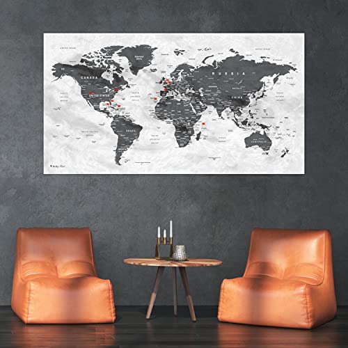 World Map XXL 51 x 28 inches, Travel Pin Board with Fleece Surface in Modern Wall Art Design, 20 Flag Push Pins Included