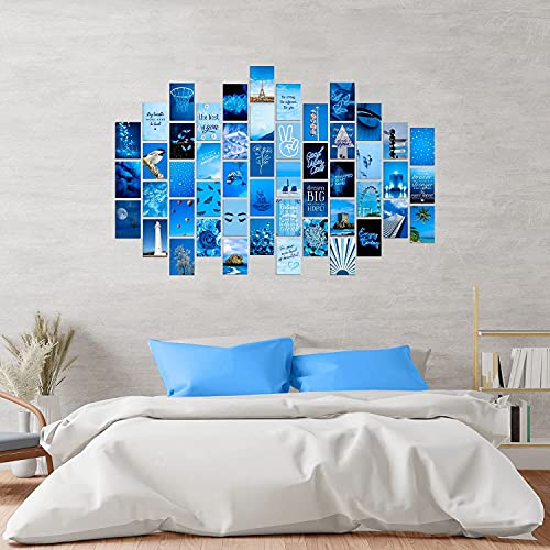 WOONKIT Blue Wall Collage Kit Aesthetic Pictures, Room Decor for Teen Girls, Blue Wall Room Bedroom Dorm Decor, Blue Wall Posters Prints, Photo Collage Kit, Trendy Teen, 50pcs 4x6 inch