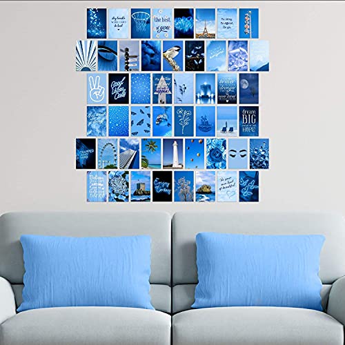 WOONKIT Blue Wall Collage Kit Aesthetic Pictures, Room Decor for Teen Girls, Blue Wall Room Bedroom Dorm Decor, Blue Wall Posters Prints, Photo Collage Kit, Trendy Teen, 50pcs 4x6 inch