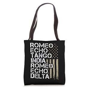 retired military men women phonetic alphabet retirement tote bag