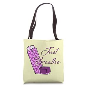 purple and pink inhaler – just breathe – asthma tote bag